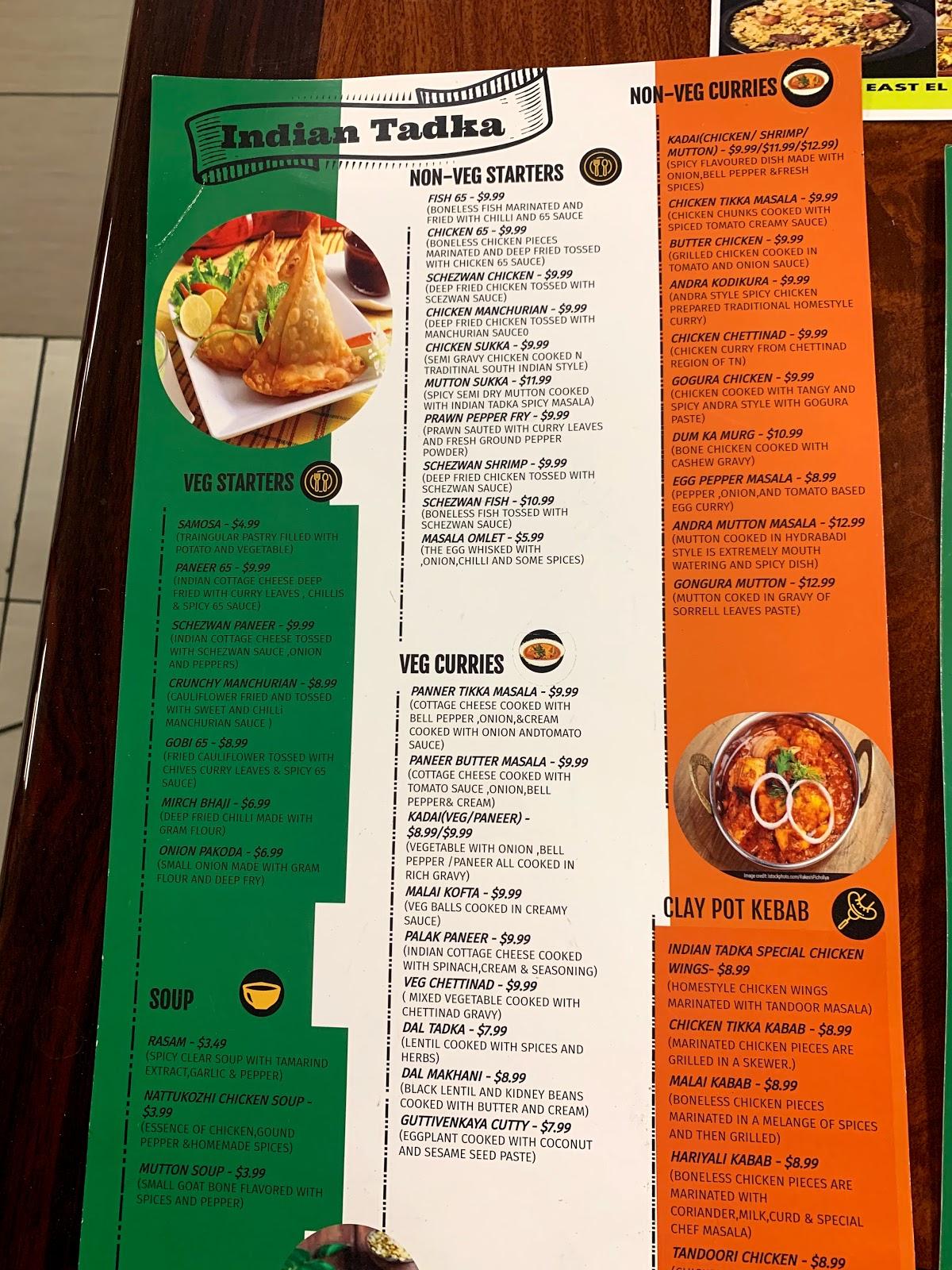 Menu at Indian Tadka restaurant, Sunnyvale