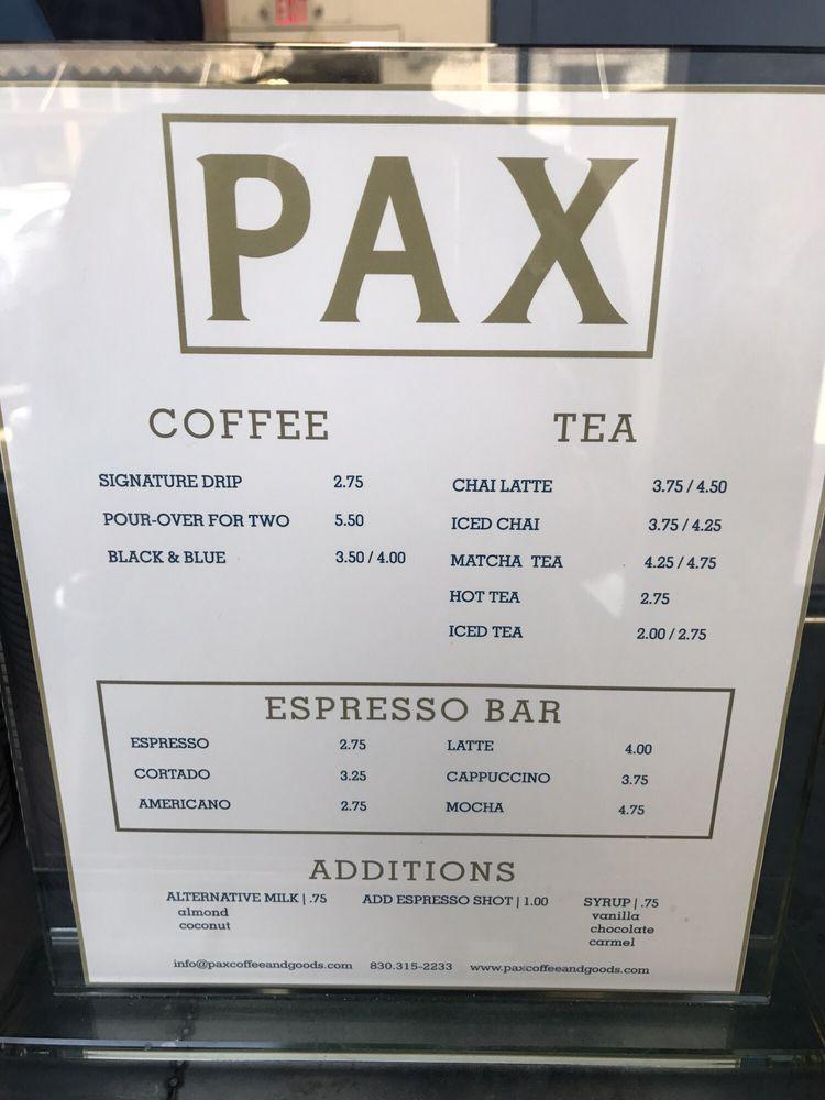 Menu at PAX Coffee Shop cafe, Kerrville