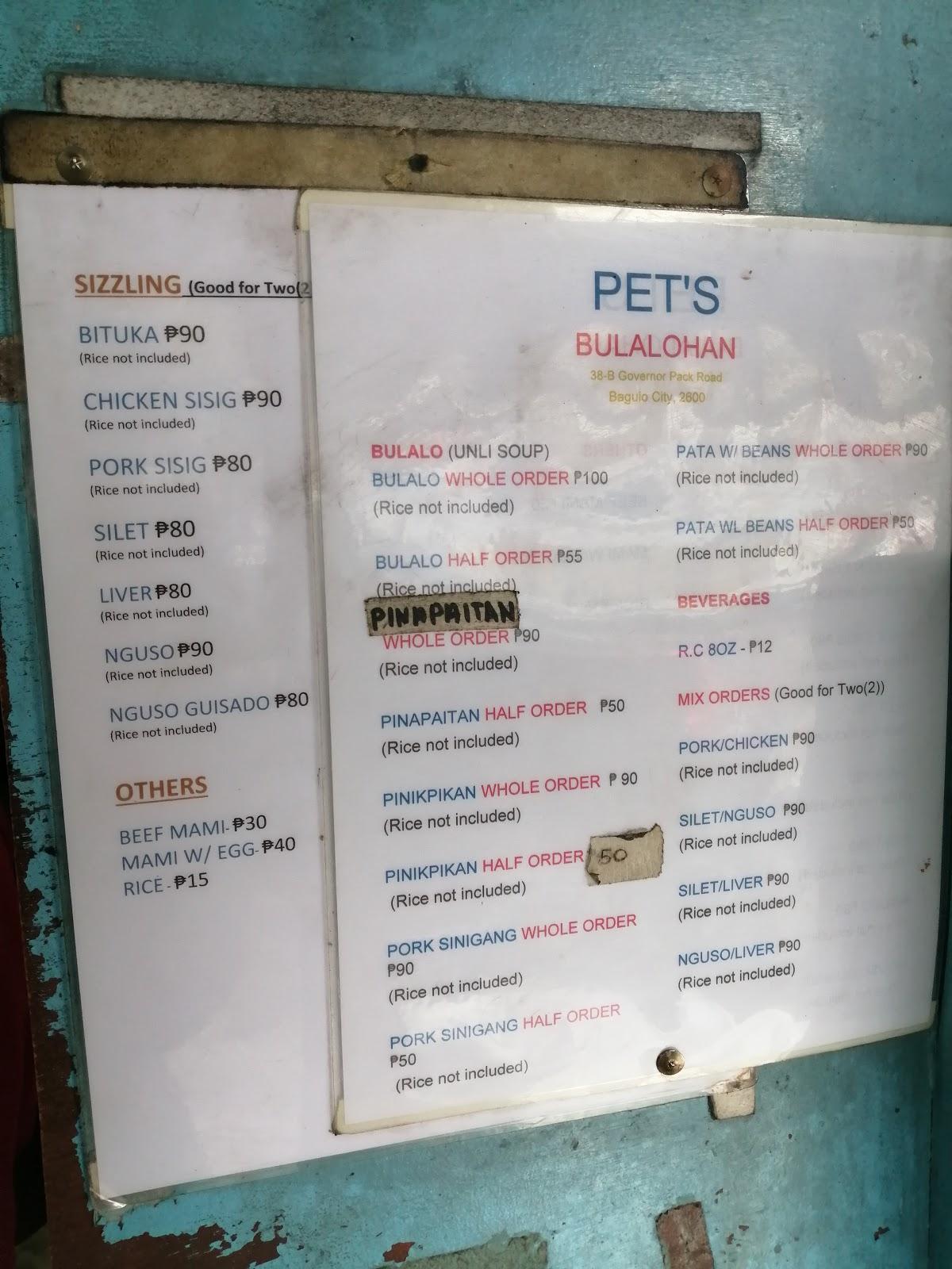 Menu at Pet's Bulaluhan restaurant, Baguio, CH6X+2FG