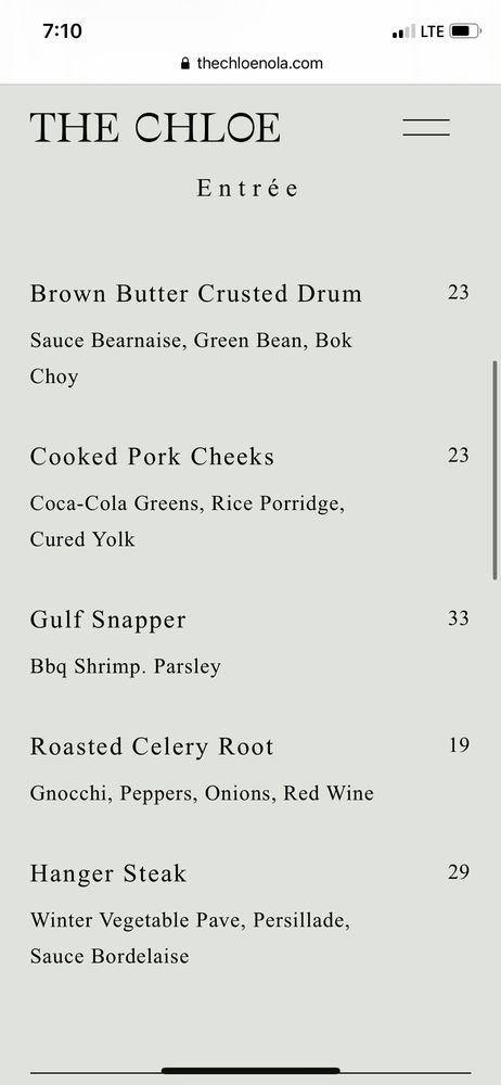 Menu at Restaurant and Bar at The Chloe, New Orleans
