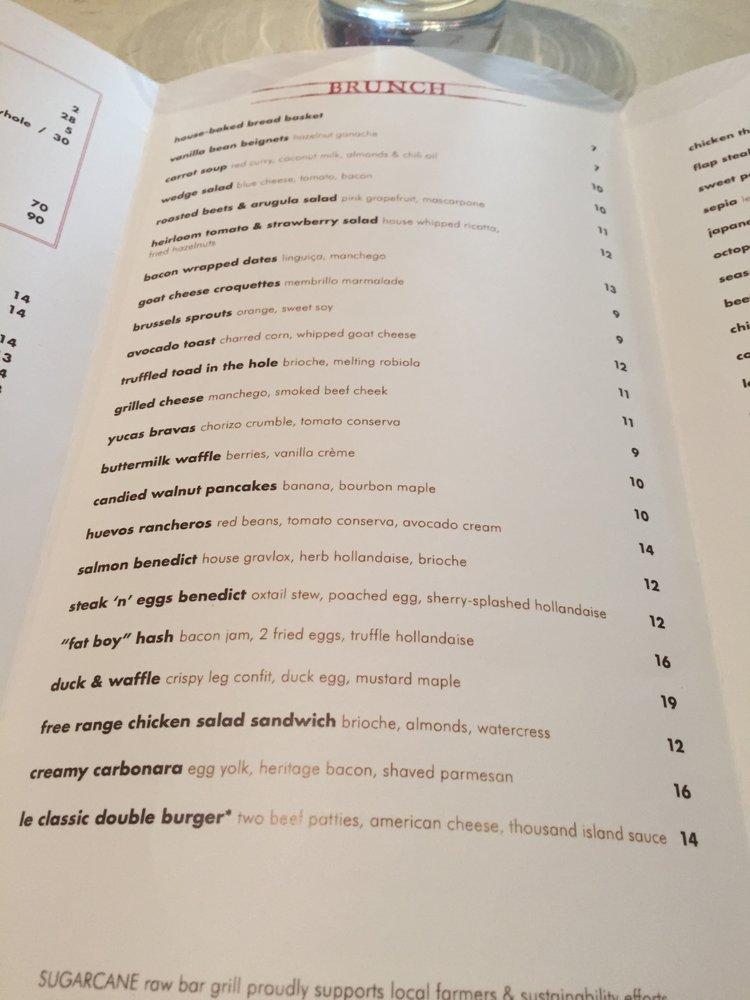 Menu at Sugarcane restaurant, Miami