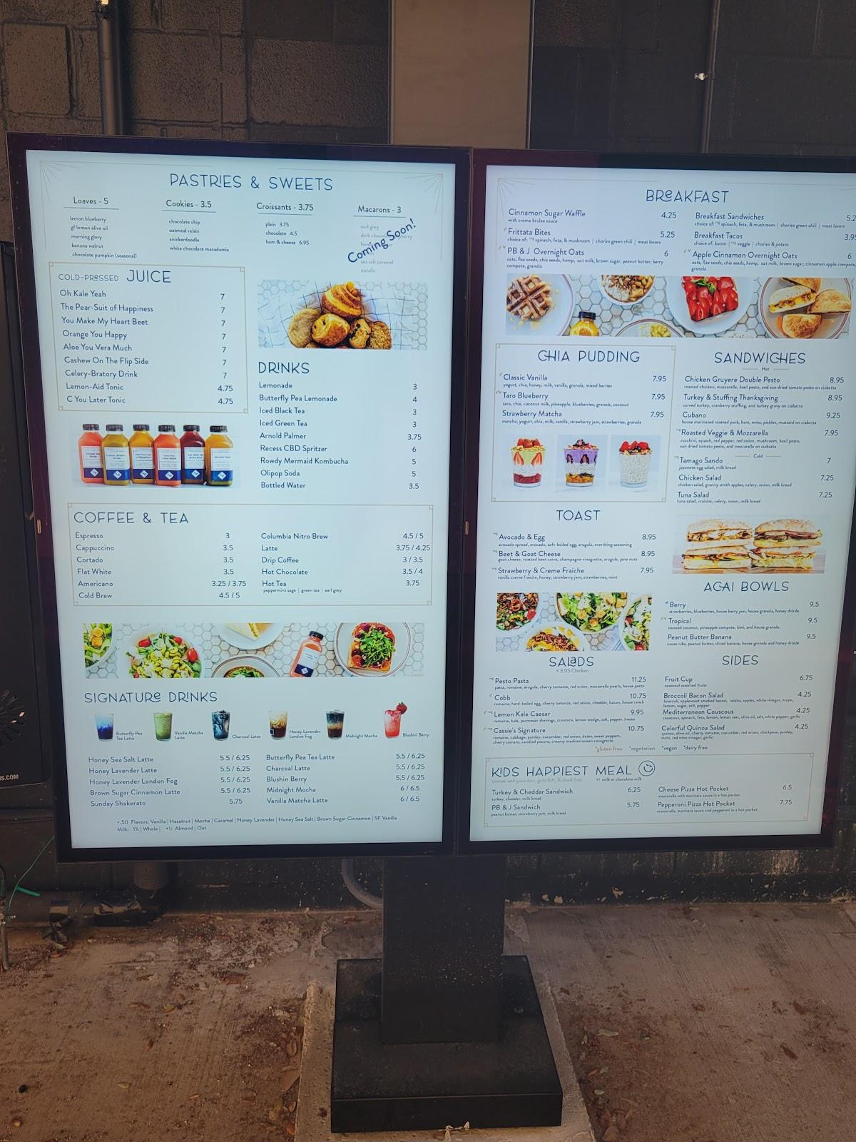 Menu at Sunday Press cafe, Houston