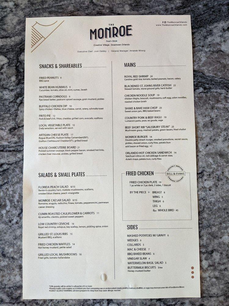 Menu at The Monroe pub & bar, Orlando