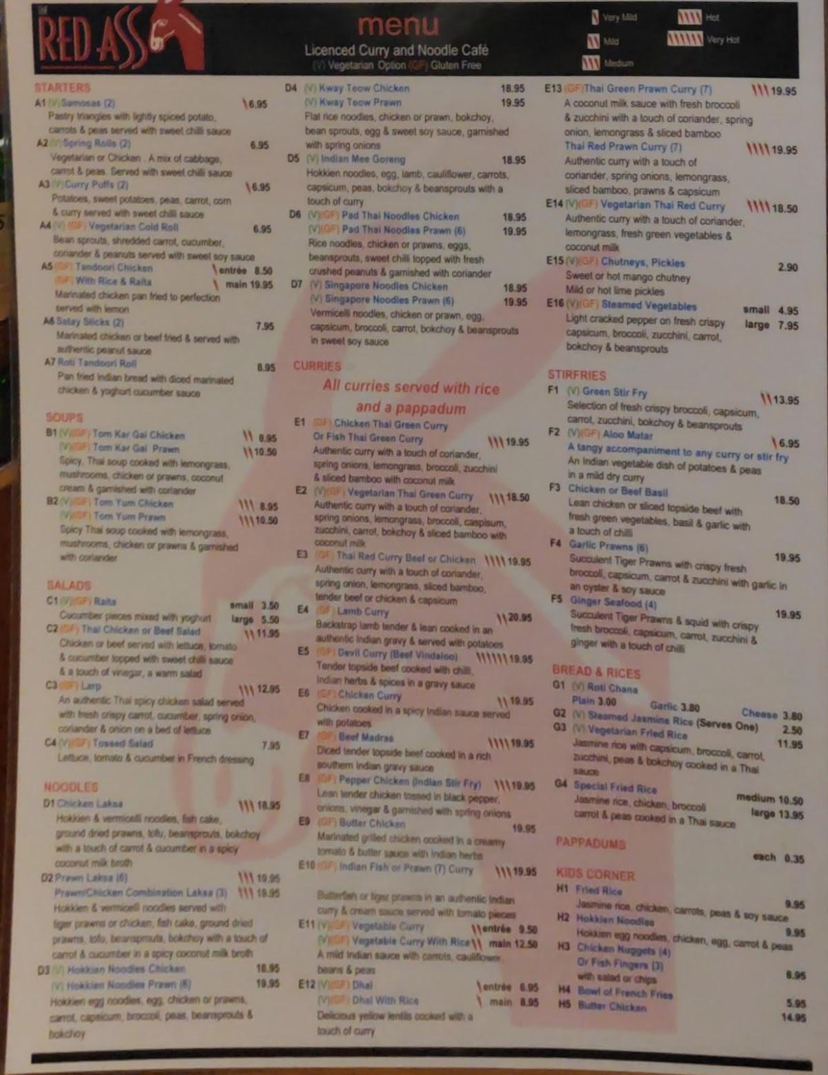Menu at The Red Ass restaurant, Semaphore