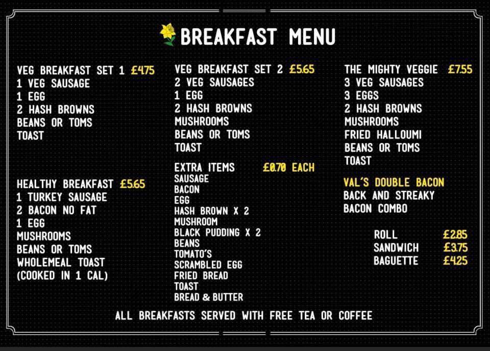 Menu at Vals Cafe, Reading
