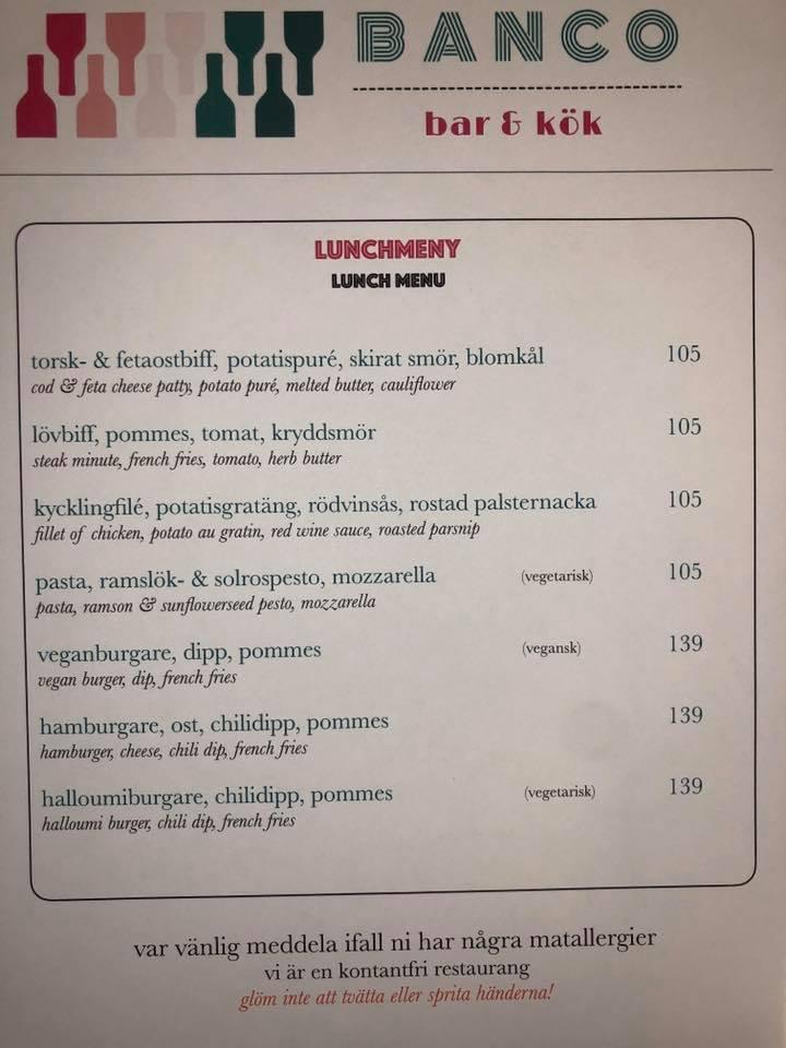 Menu at Banco restaurant, Vadstena