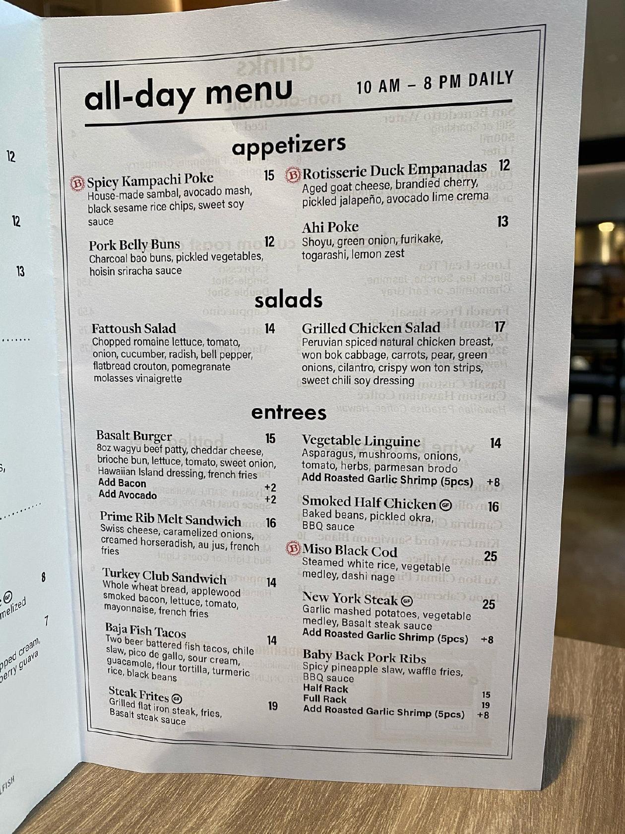 Menu at Basalt pub & bar, Honolulu, Kūhiō Ave.