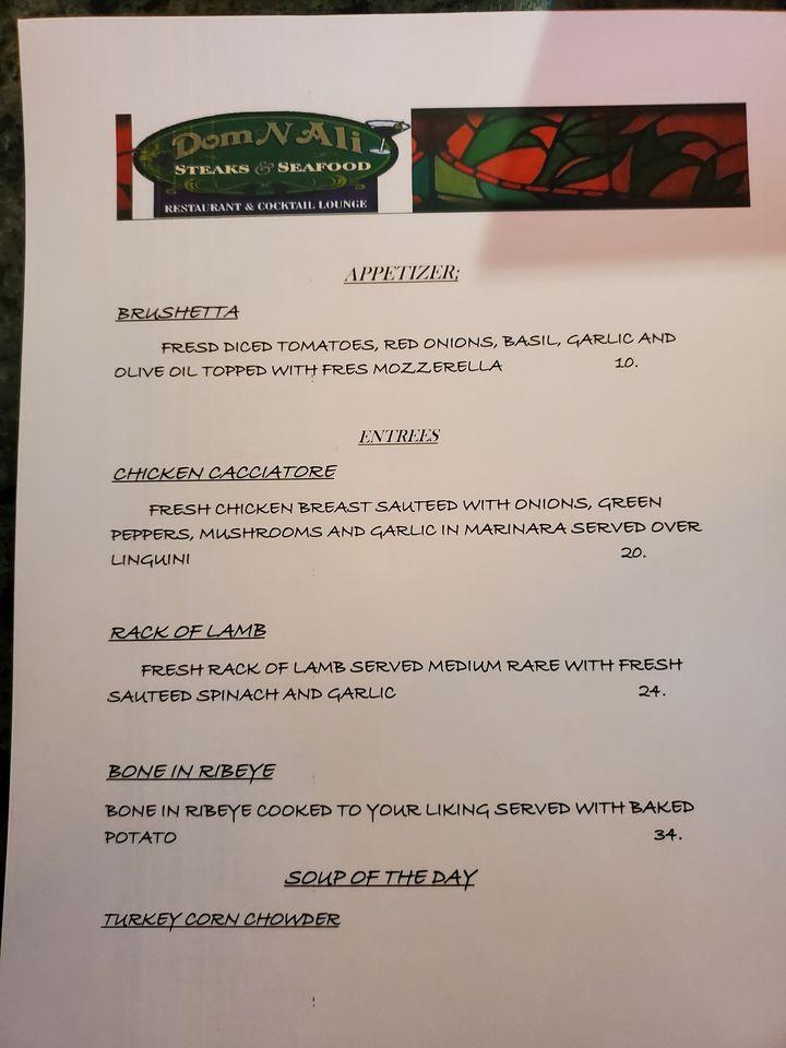Menu at Dom N Ali steakhouse, Jim Thorpe