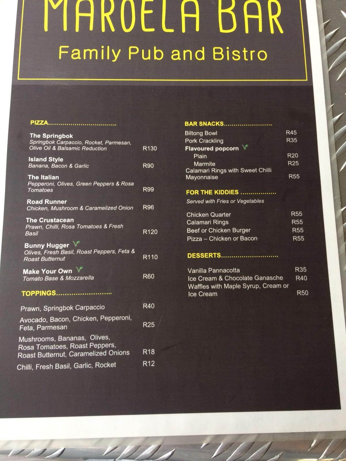 Menu at Maroela Bar, Hoedspruit