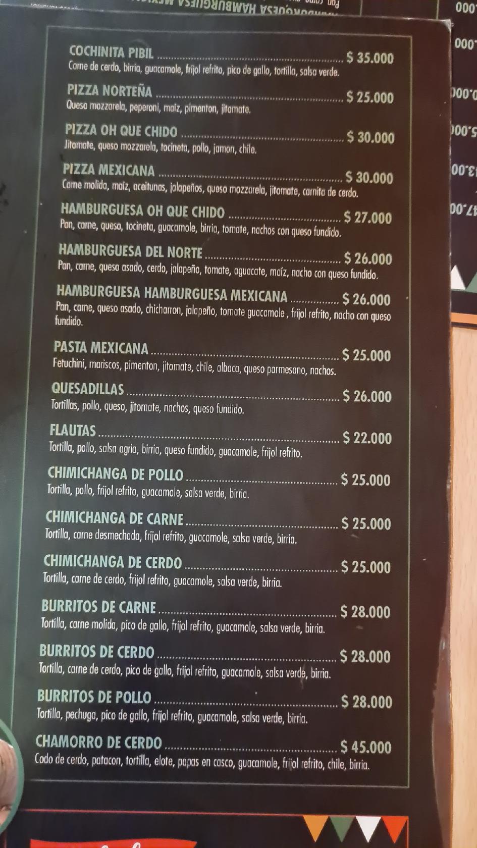 Menu at Oh! Que Chido restaurant, Sopó