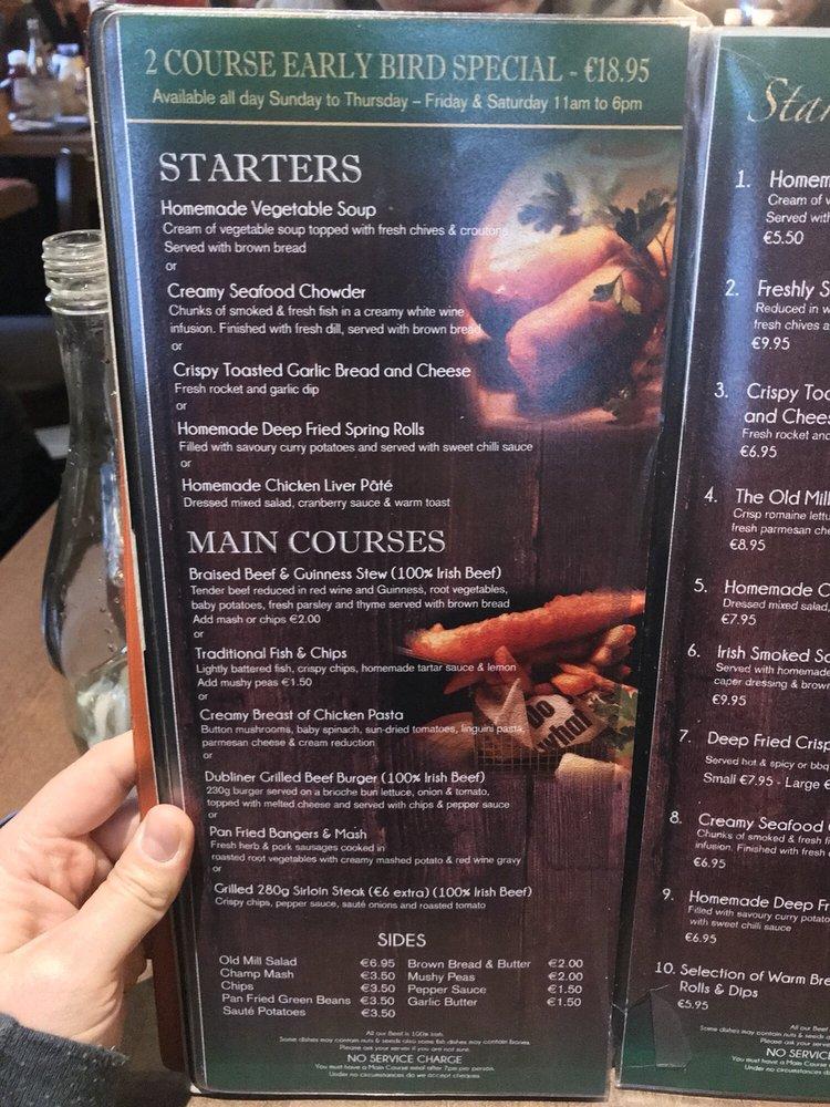 Menu at The Old Mill pub & bar, Dublin, 14 Temple Bar Square