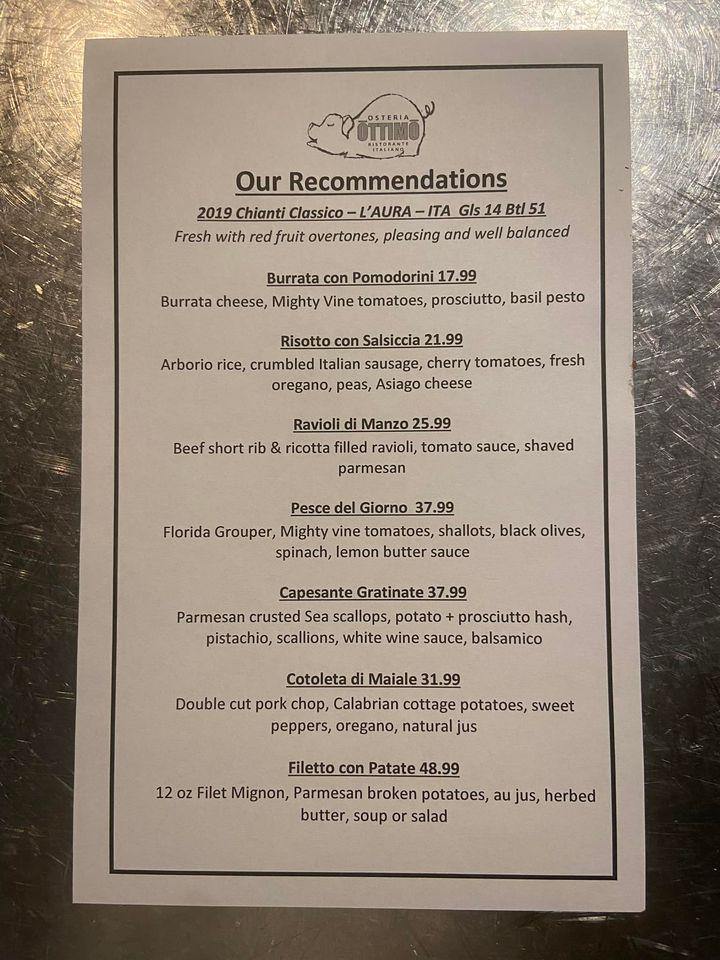 Menu at Ottimo restaurant, Orland Park