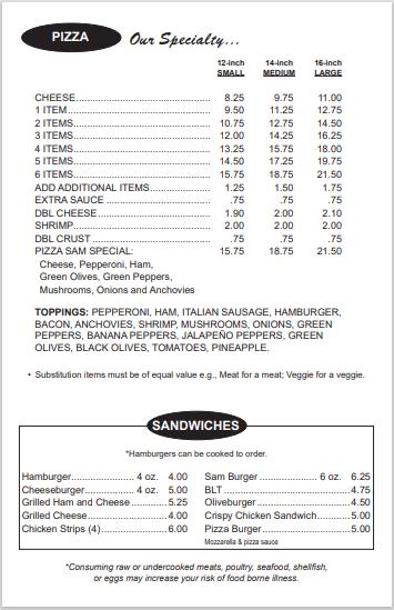 Menu at Pizza Sam pizzeria, Alma
