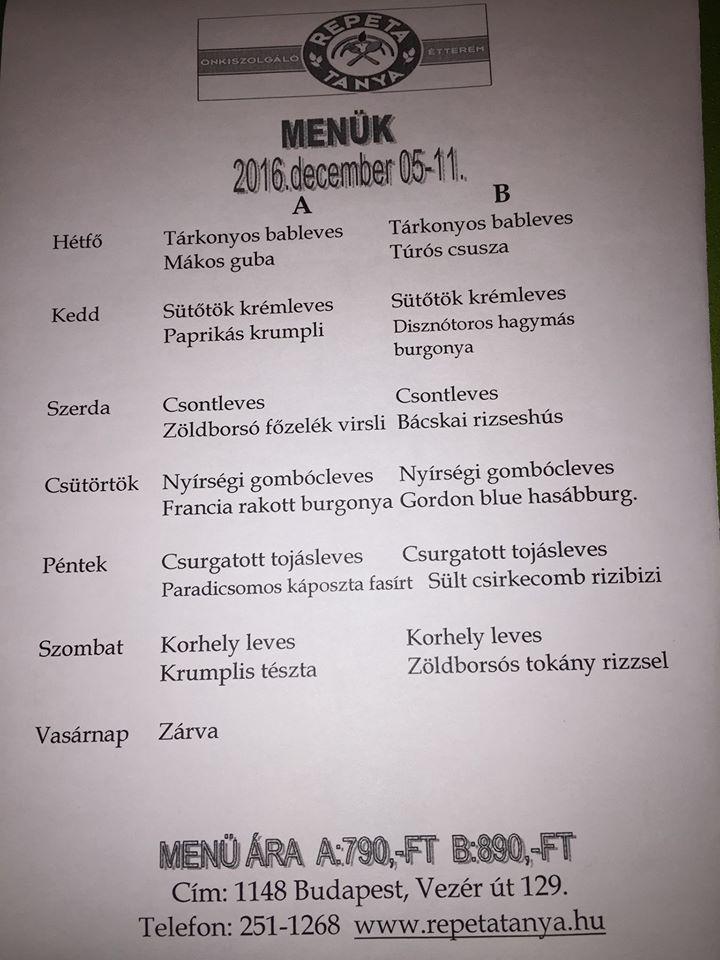 Menu at Repeta Tanya restaurant, Budapest