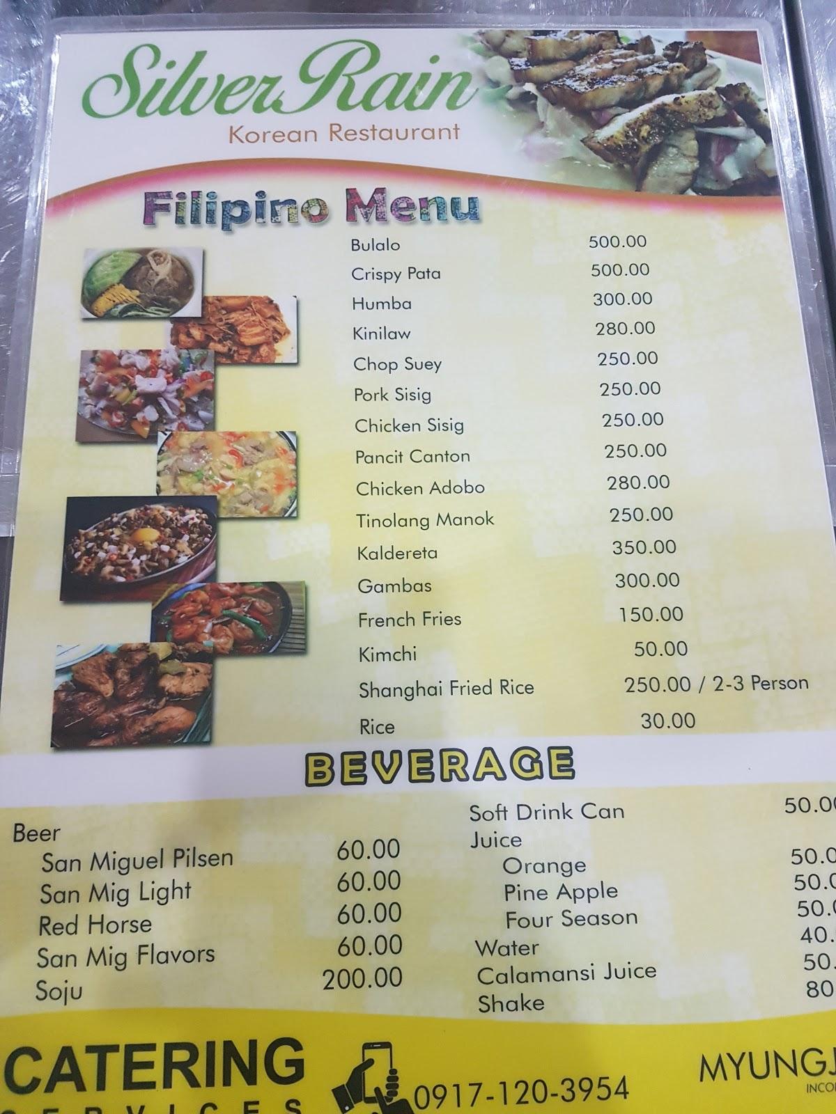 Menu at Silver Rain Korean Restaurant, Cagayan de Oro
