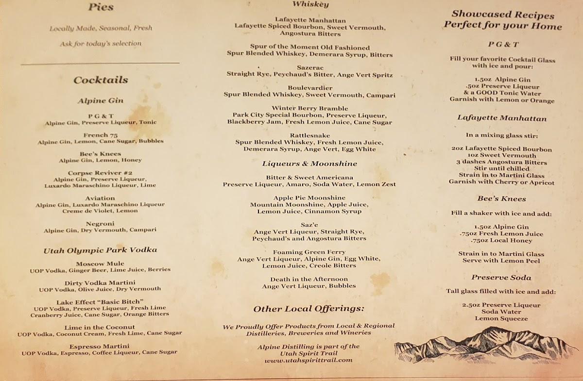 Menu at Alpine Distilling Bar, Park City