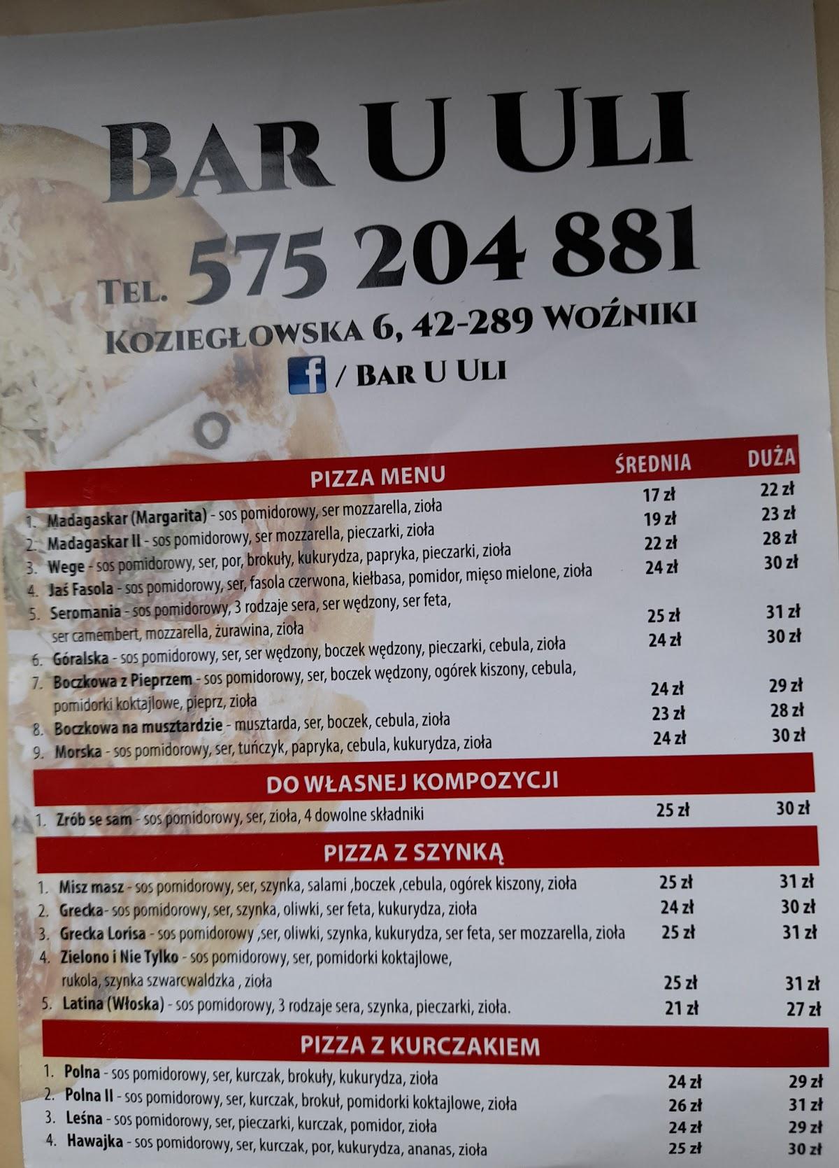 Menu at Bar "u Uli", Woźniki