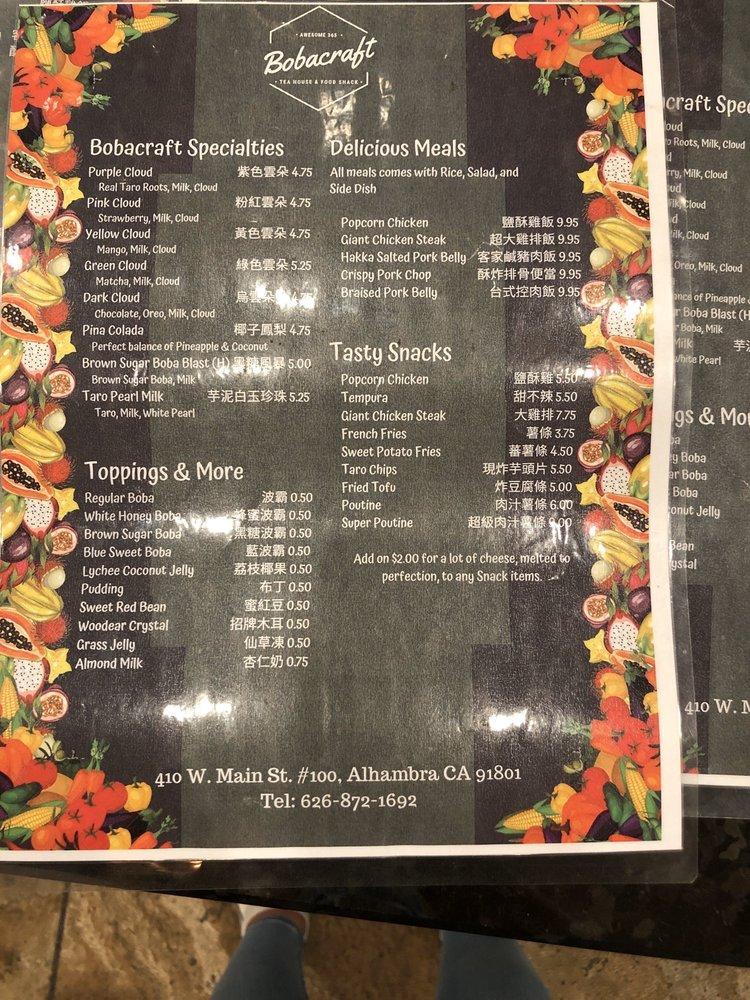 Menu at Bobacraft cafe, Alhambra