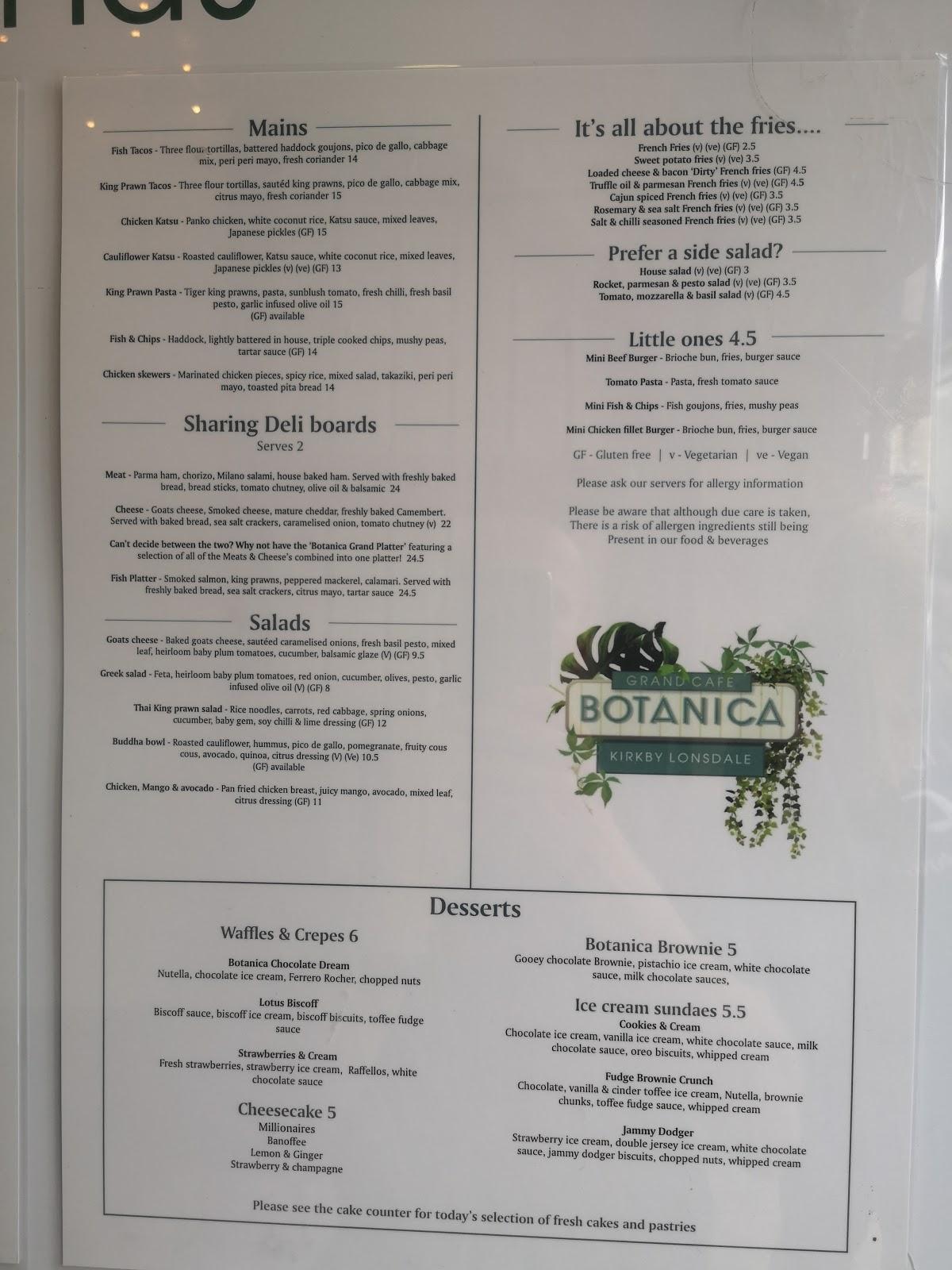 Menu at Botanica Kirkby Lonsdale restaurant, Kirkby Lonsdale