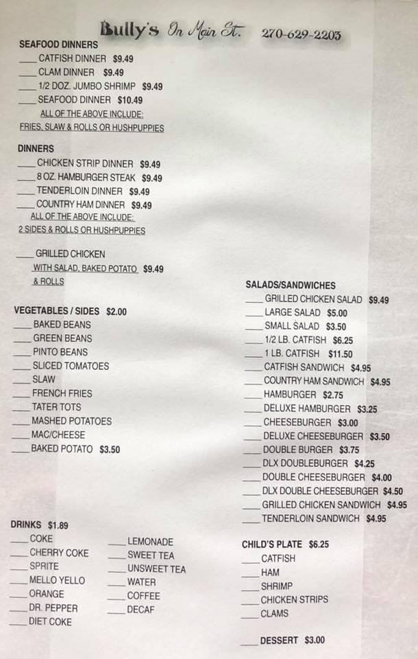 Menu at Bully's On Main St. restaurant, Glasgow