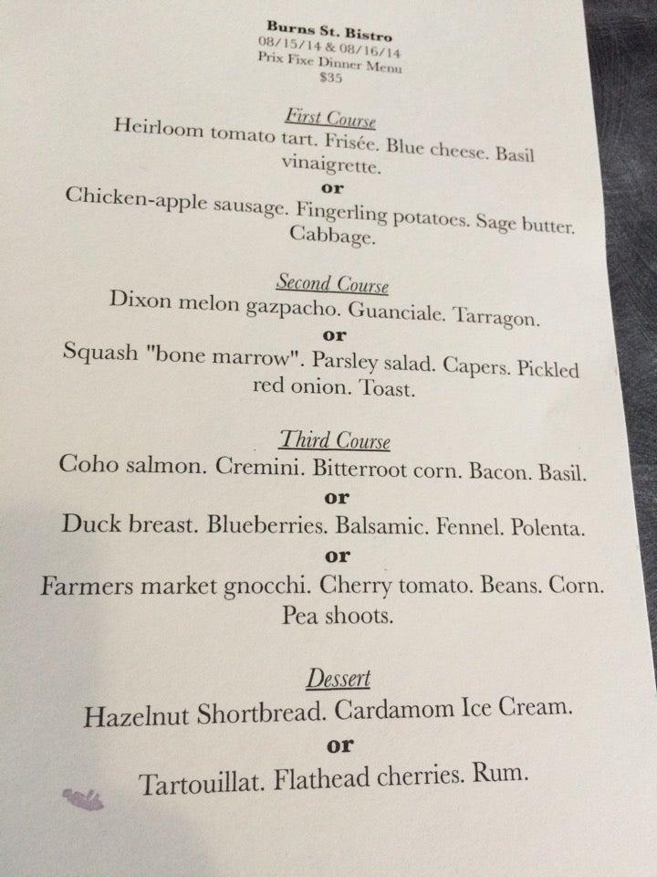 Menu at Burns St. Bistro cafe, Missoula