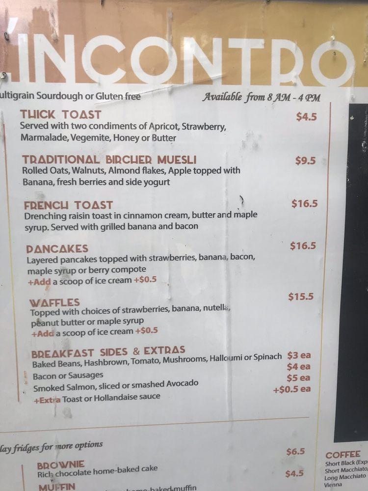 Menu at Cafe L'Incontro, Melbourne