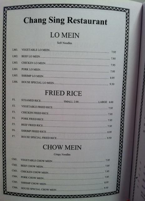 Menu at Chang Sing Restaurant, Moscow