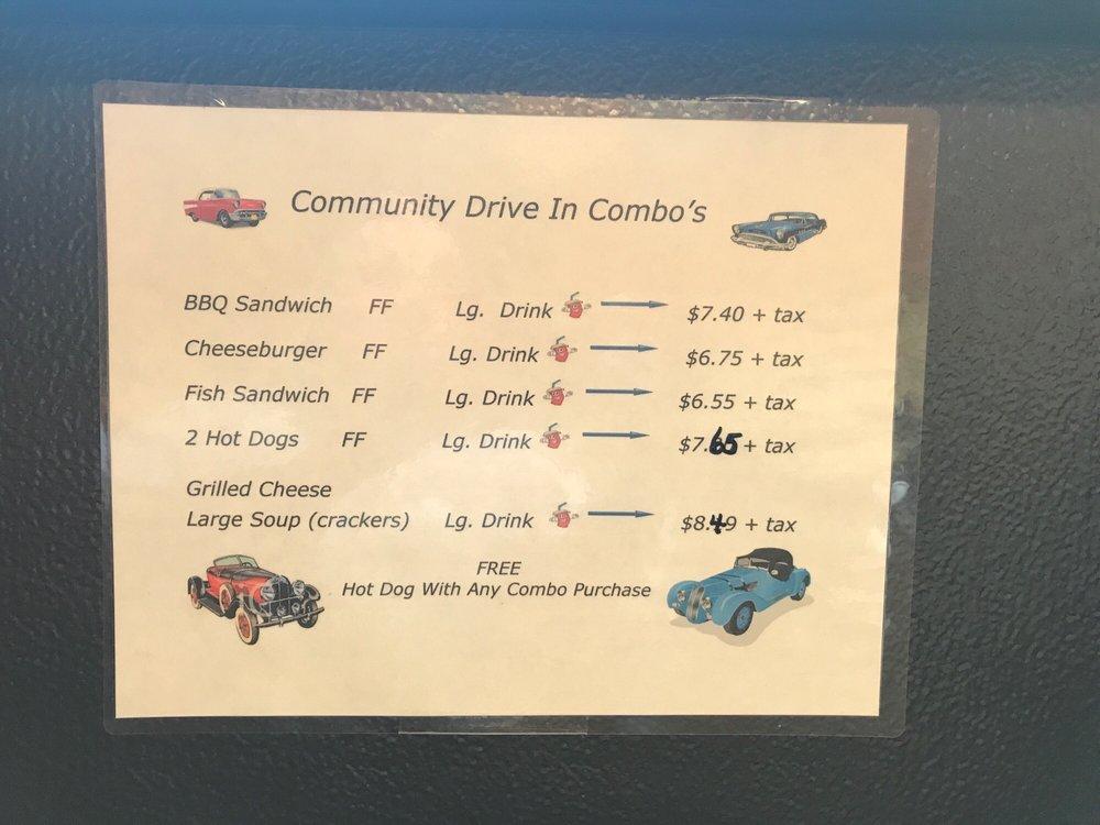 Menu at Community Drive-In restaurant, Roanoke Rapids, US-158