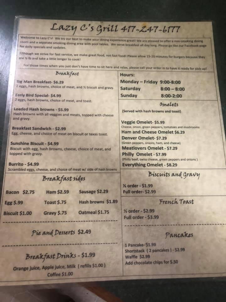 Menu at Lazy C's Grill restaurant, Mountain View