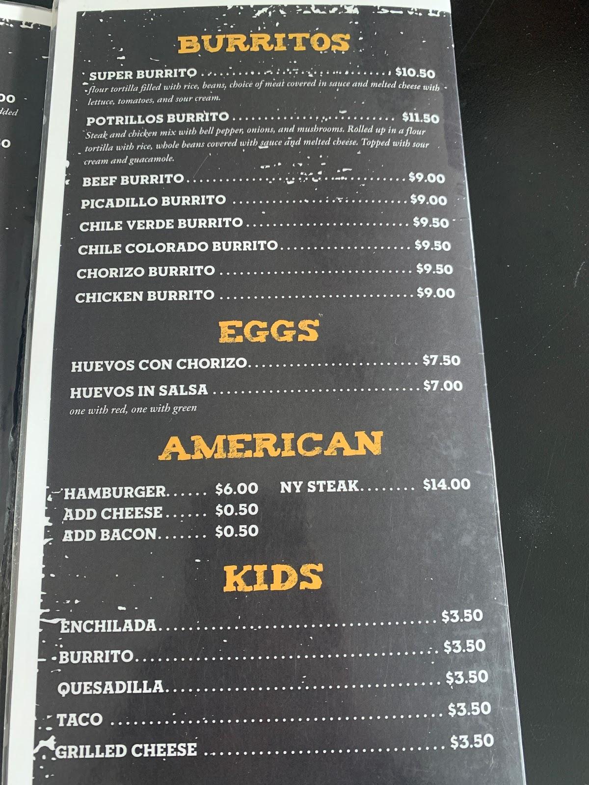 Menu at Los Potrillos Mexican restaurant, Hagerman