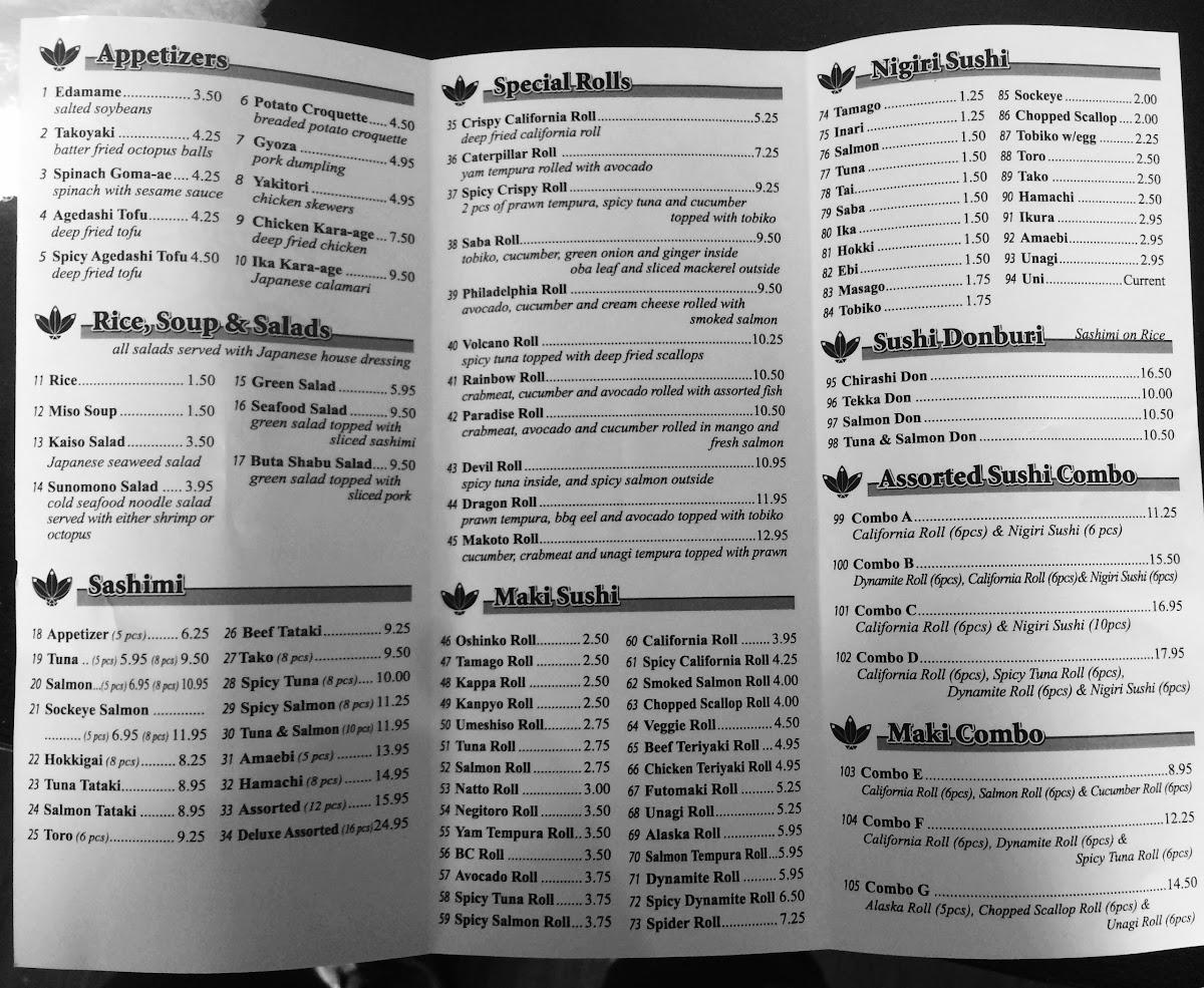 Menu at Makoto Japanese Restaurant, Burnaby