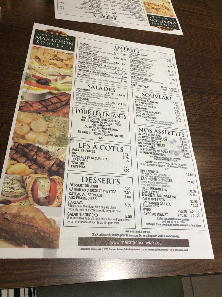 Menu at Marathon Souvlaki restaurant, Montréal, Rue des Jockeys