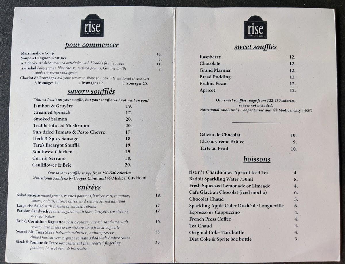 Menu at rise soufflé - Dallas pub & bar, Dallas