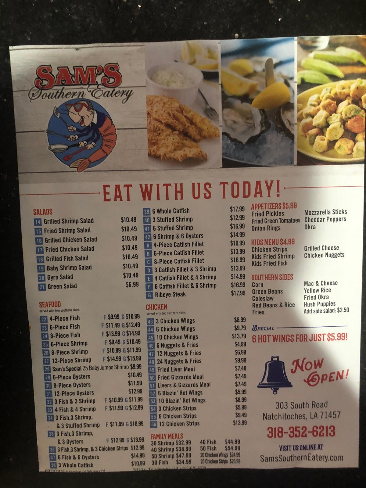Menu at Sam's Southern Eatery restaurant, Natchitoches