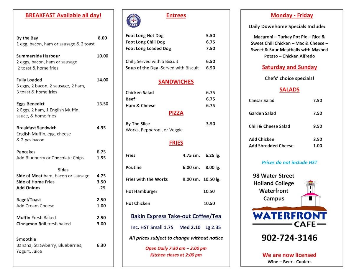 Menu at Summerside Waterfront Cafe, Summerside