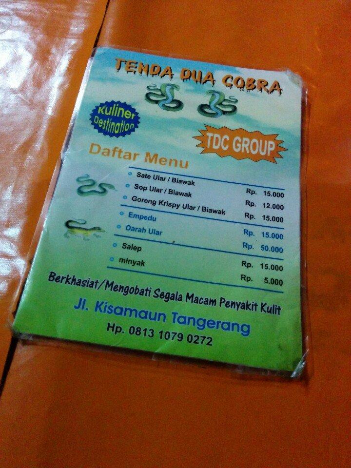 Menu at Sate Ular Tenda Dua Cobra restaurant, Tangerang