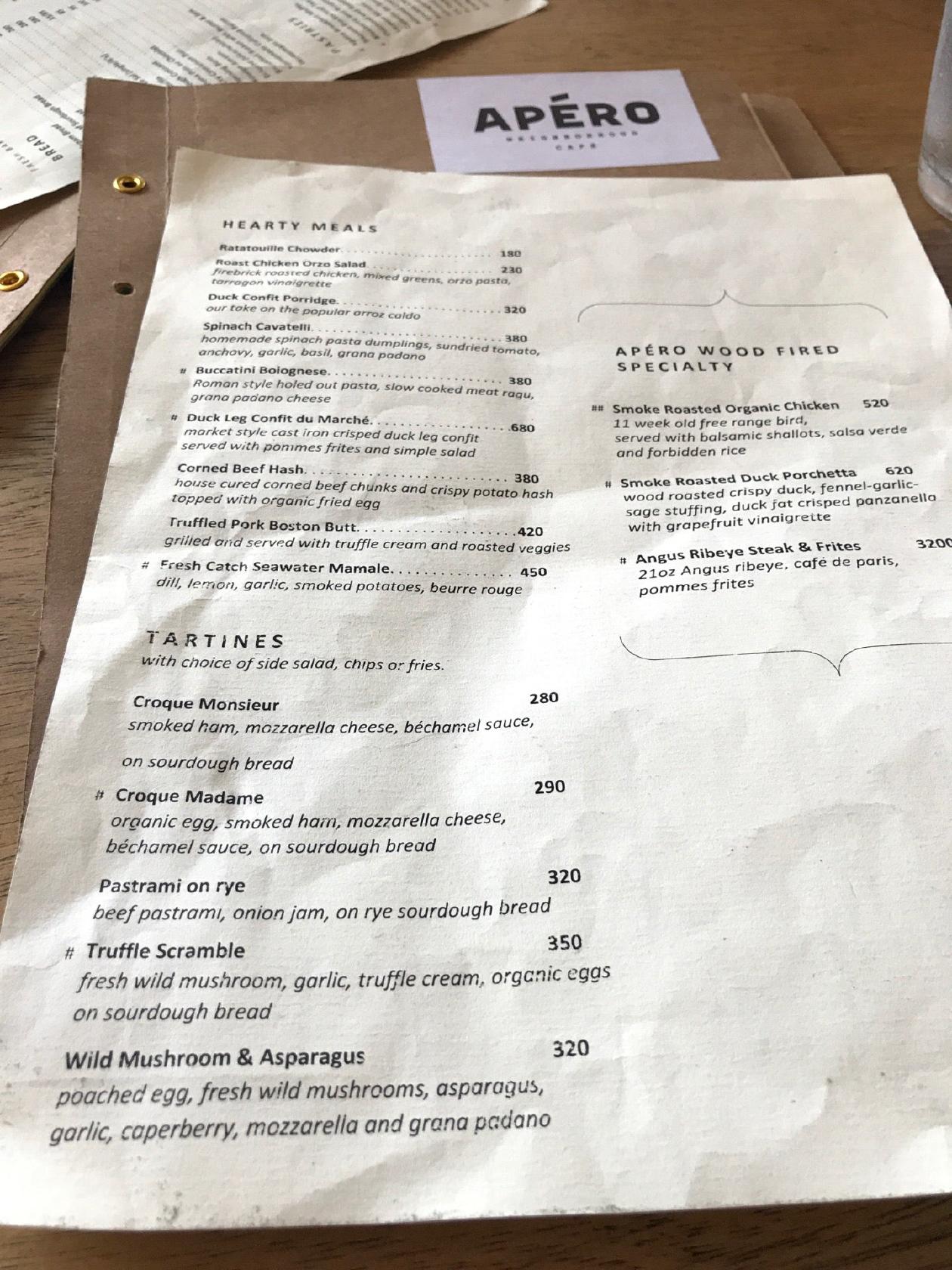 Menu at Apero restaurant, Quezon City