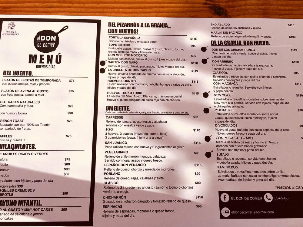 Menu at El Don De Comer restaurant, Tecate