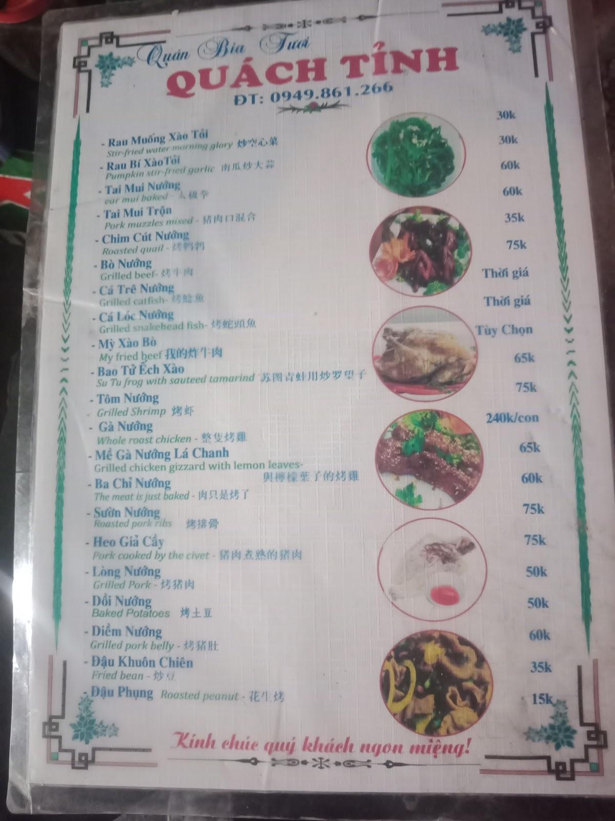 Menu at Quach Tinh Restaurant, Da Nang