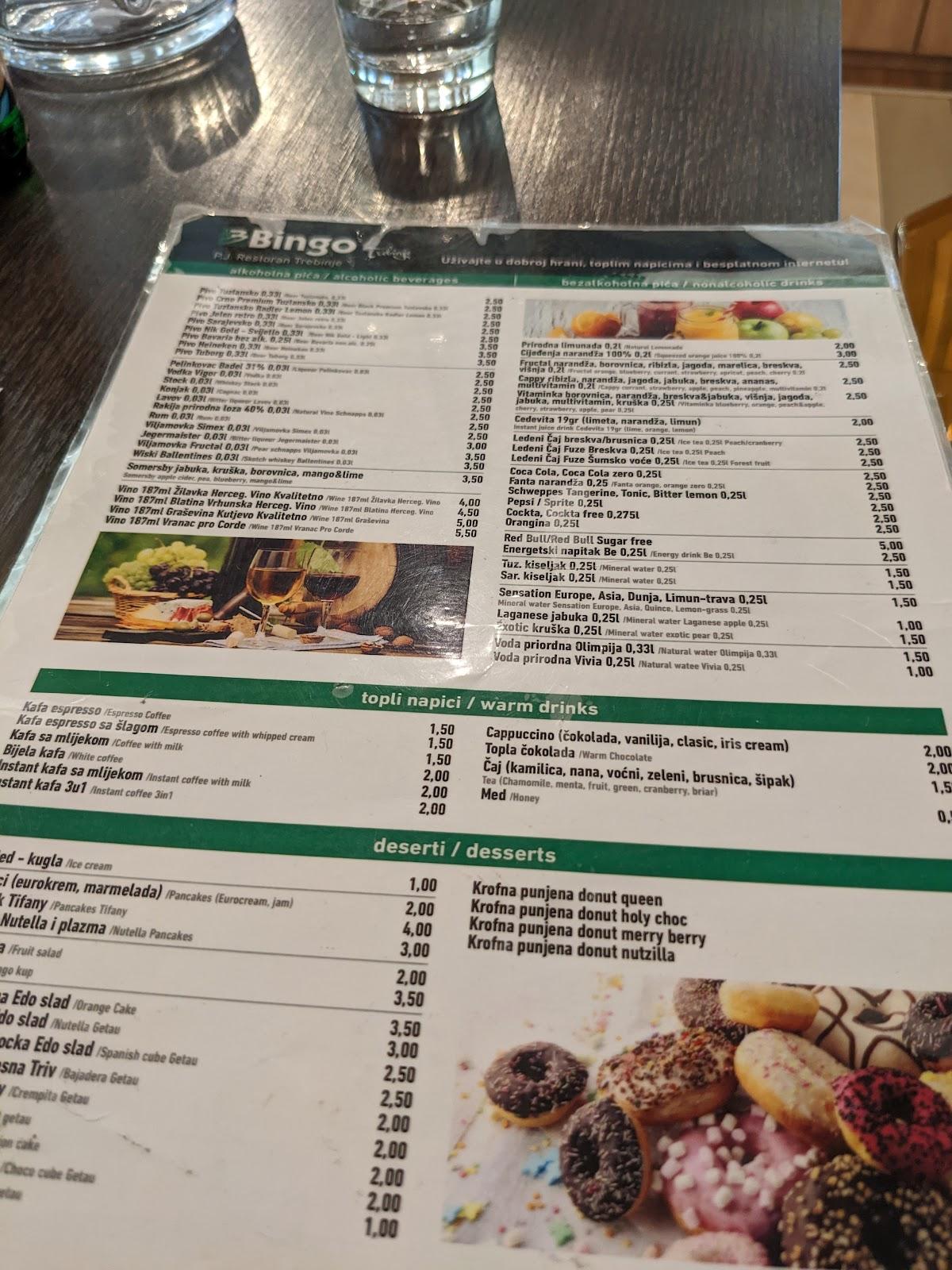 Меню ресторана Restoran Bingo, Требине