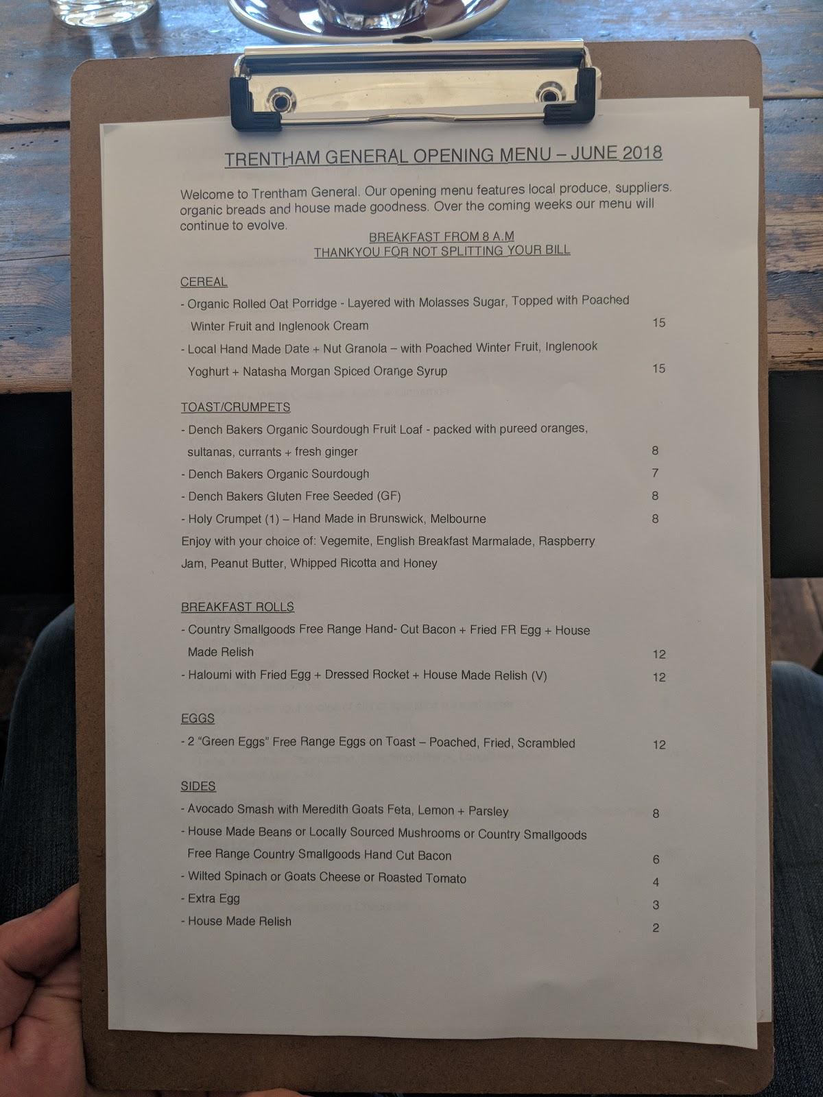 Menu at Trentham General cafe, Trentham