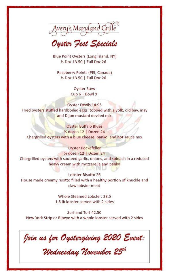 Menu at Avery's Maryland Grille pub & bar, Frederick