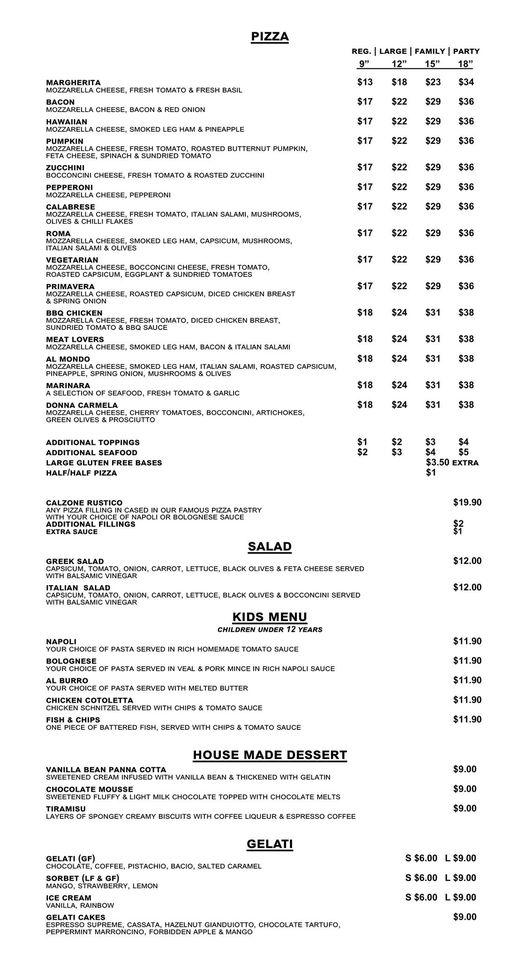 Menu at Cafe Di Roma, Prospect, 116A Prospect Rd