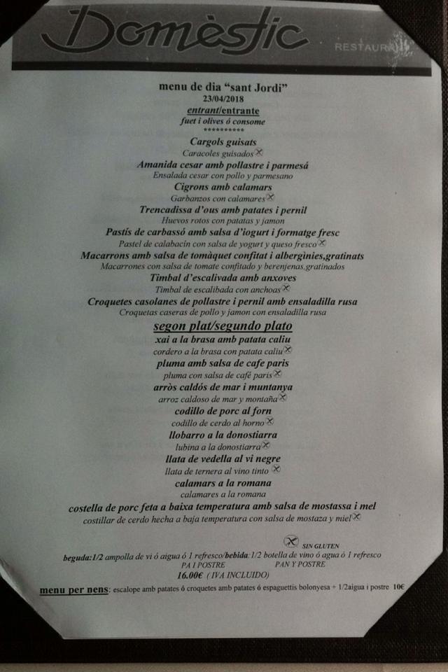Carta del restaurante Domèstic, Pineda del Mar