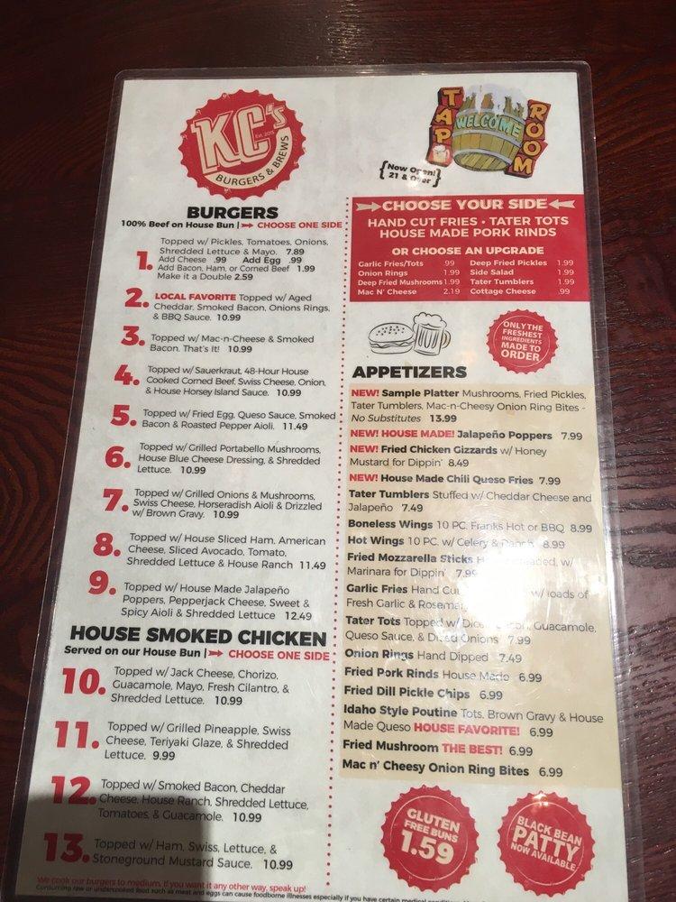 Menu at KC's Burgers and Brews restaurant, Lewiston