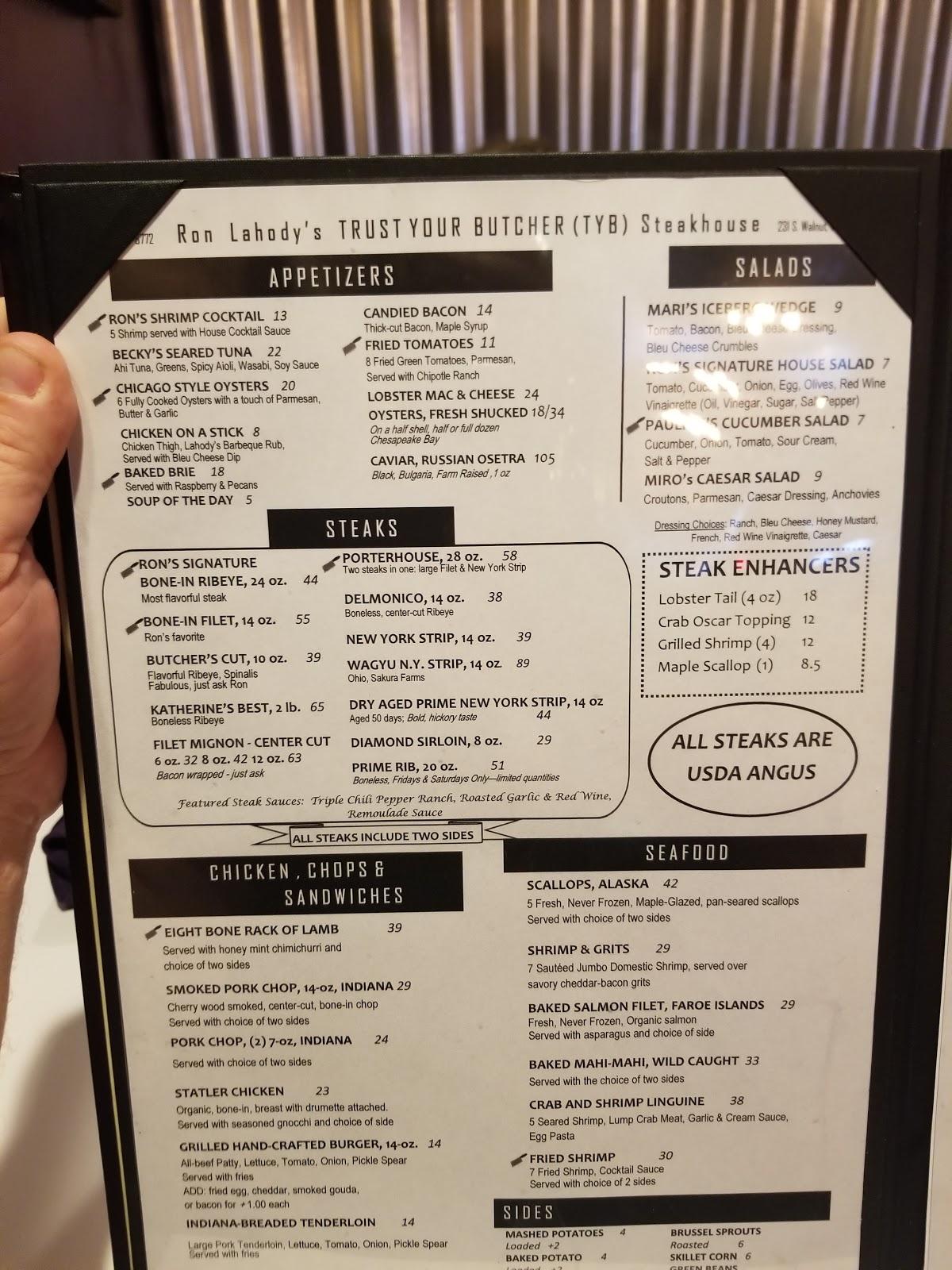 Menu at Ron Lahody's Trust Your Butcher Steakhouse, Muncie