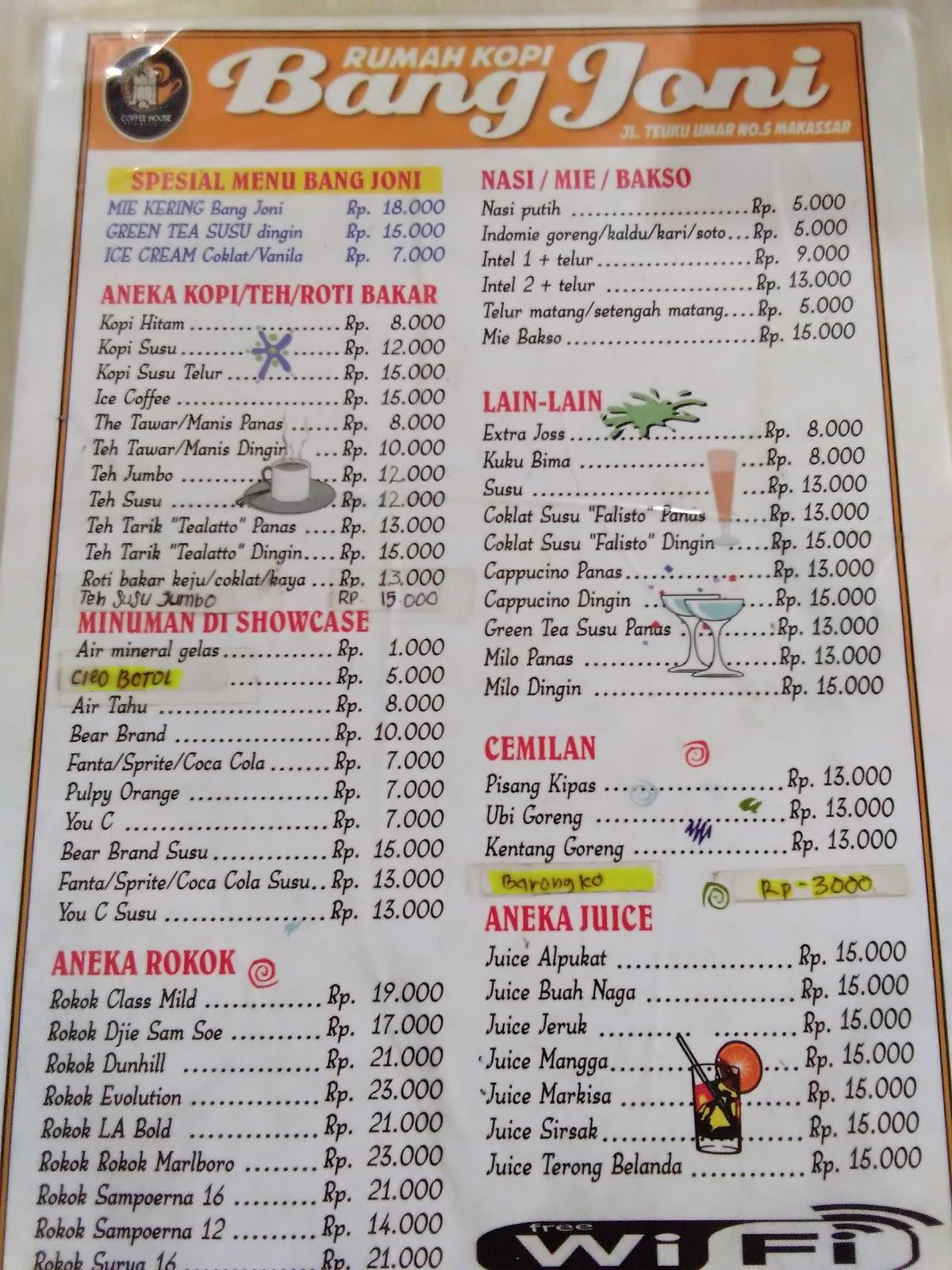 Menu at Bang Joni Coffee House, Makassar