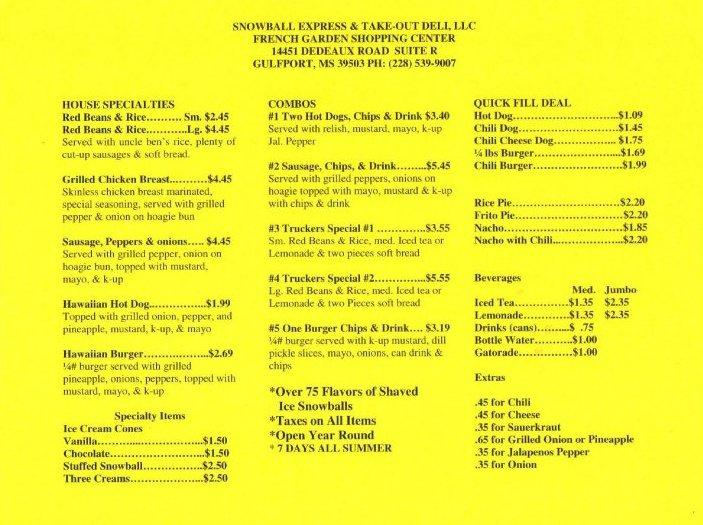 Menu at S & S Snowball Express restaurant, Gulfport