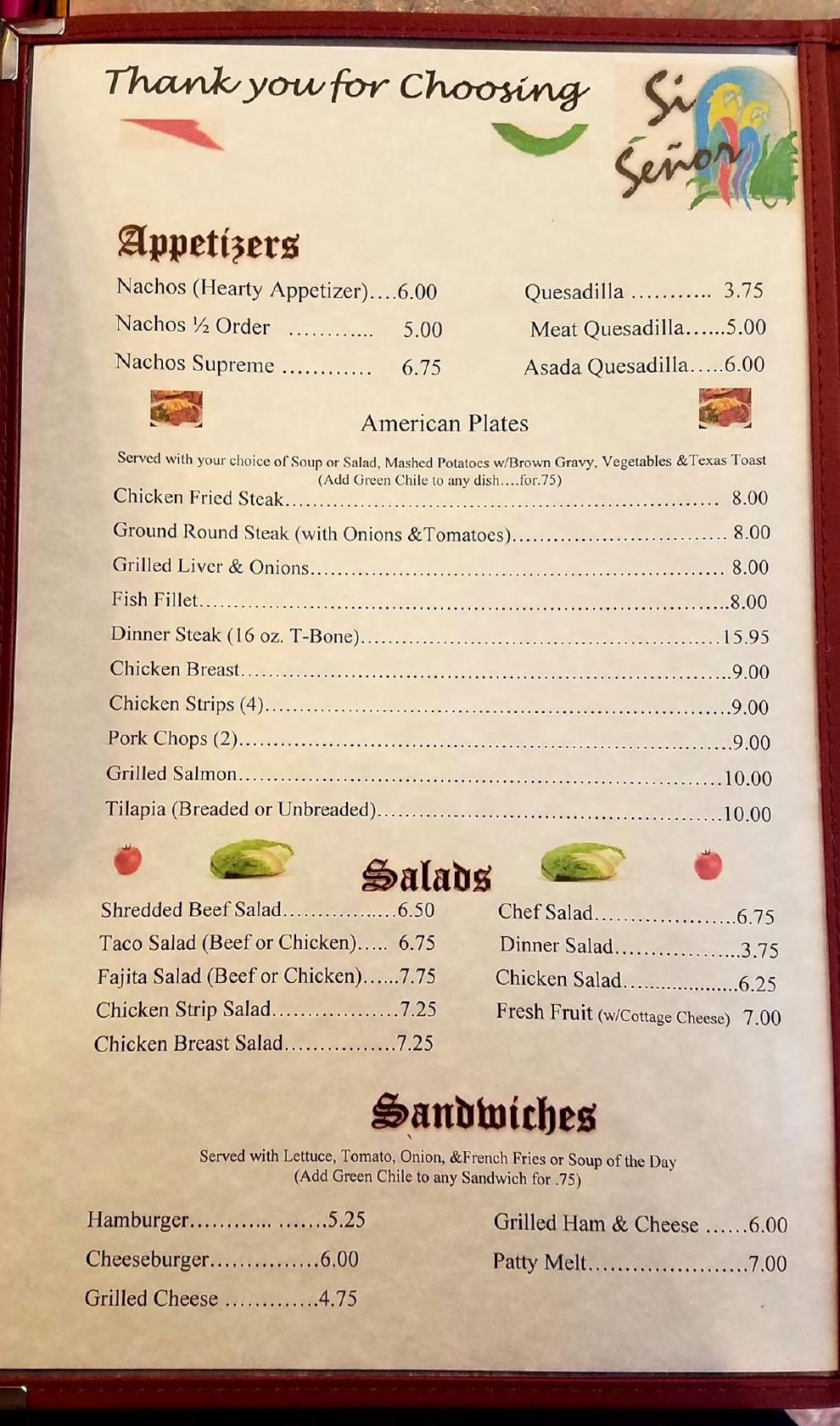 Menu at Si Señor restaurant, Deming
