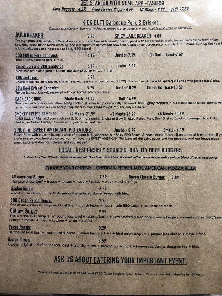 Menu at Smokey Bear's BBQ & Grill, Corbin